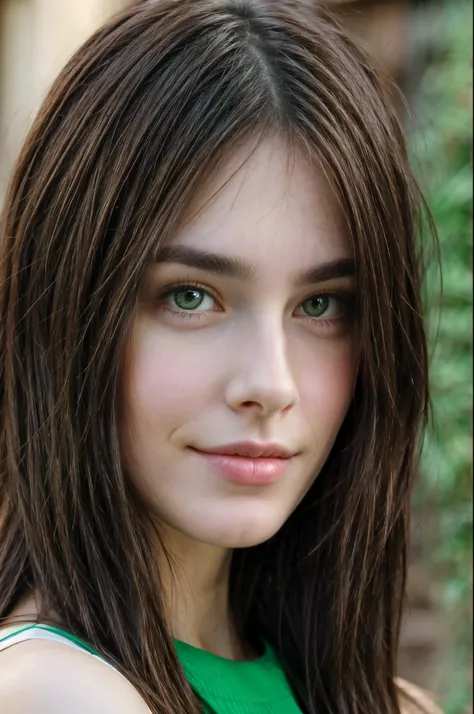 Beautiful Brunette Smiling Green Eyes Long Hair Front Face Seaart Ai