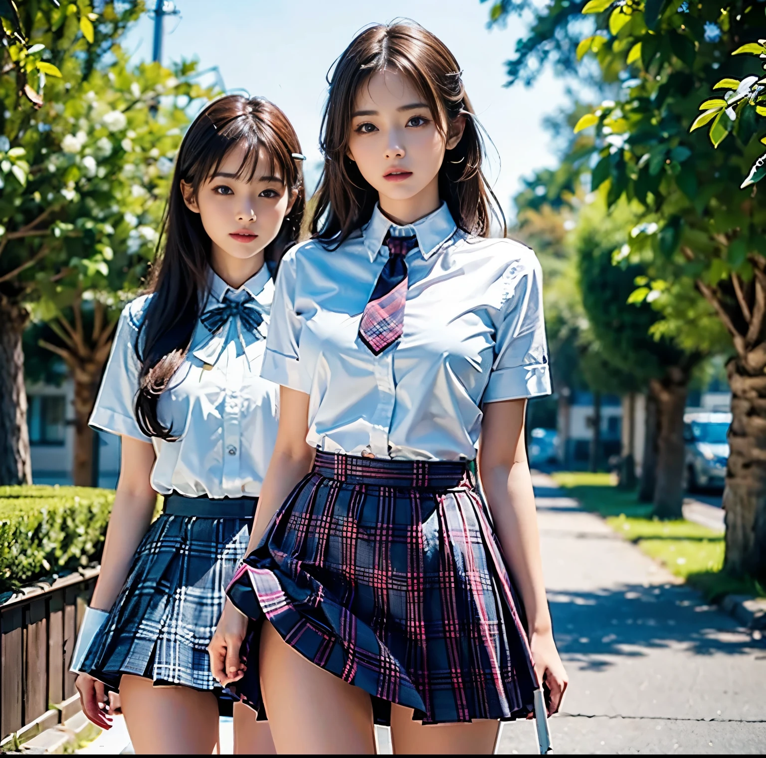 Two asian girls in school uniforms walking down a sidewalk - SeaArt AI