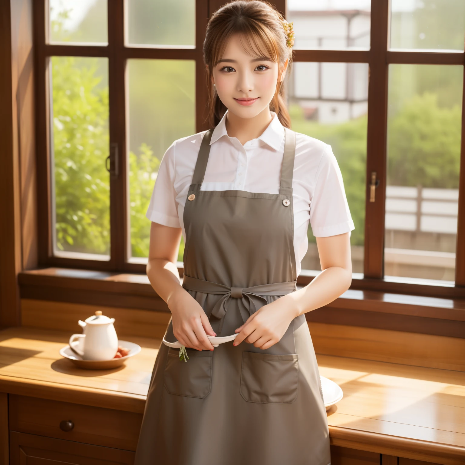 Best Quality、Masterpiece、4k.8k、details details、A woman wearing a cute apron of a maid outfit、I'm ...