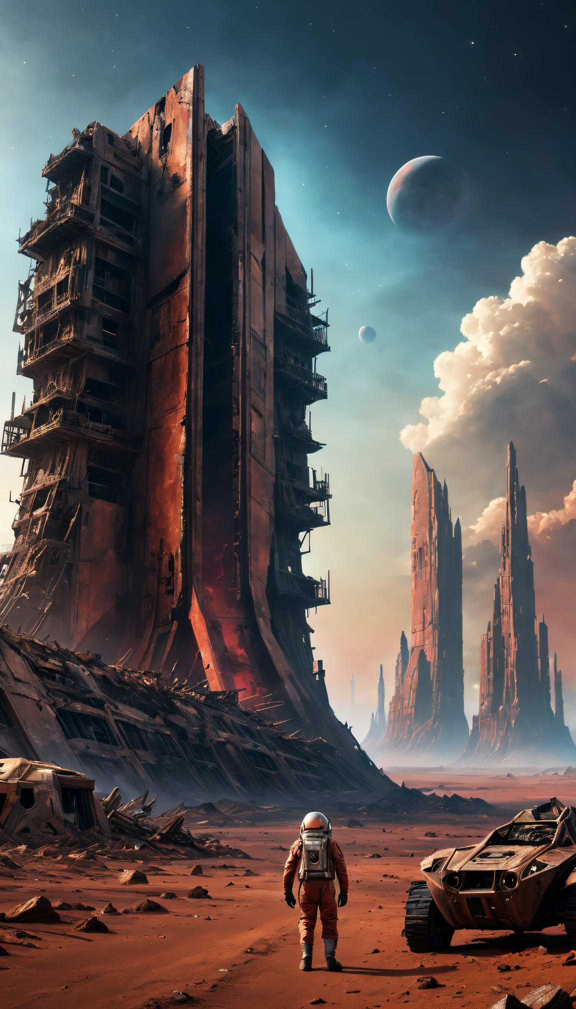 A man in a spacesuit walking on a desert with a spaceship in the ...