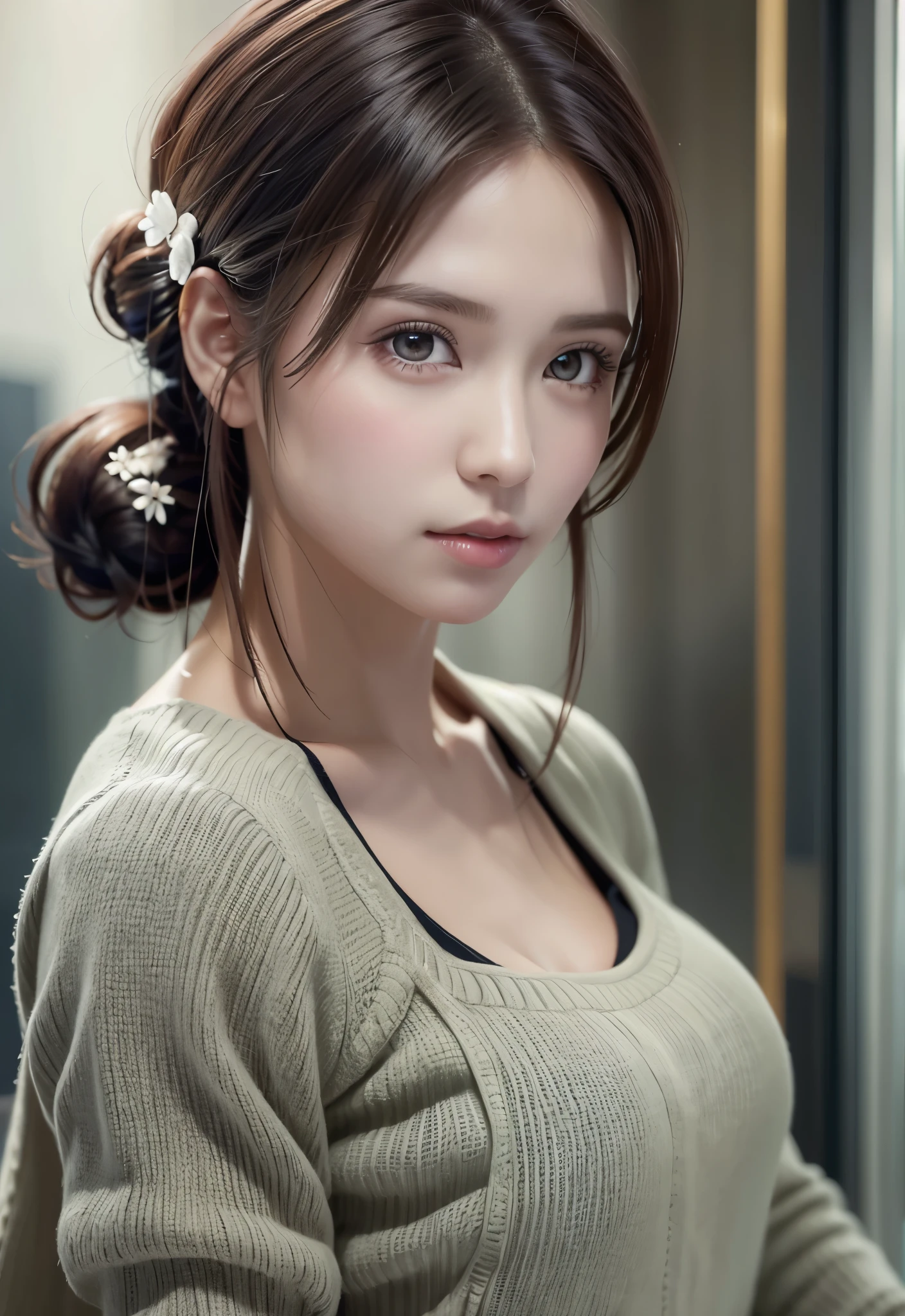 A woman with a flower in her hair posing for a picture - SeaArt AI