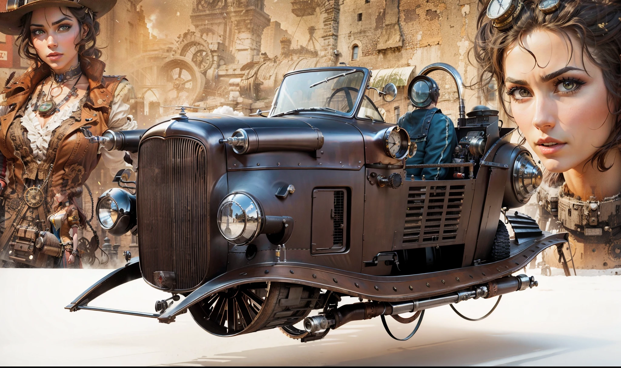 There is a woman in a hat and a man in a hat and a car - SeaArt AI