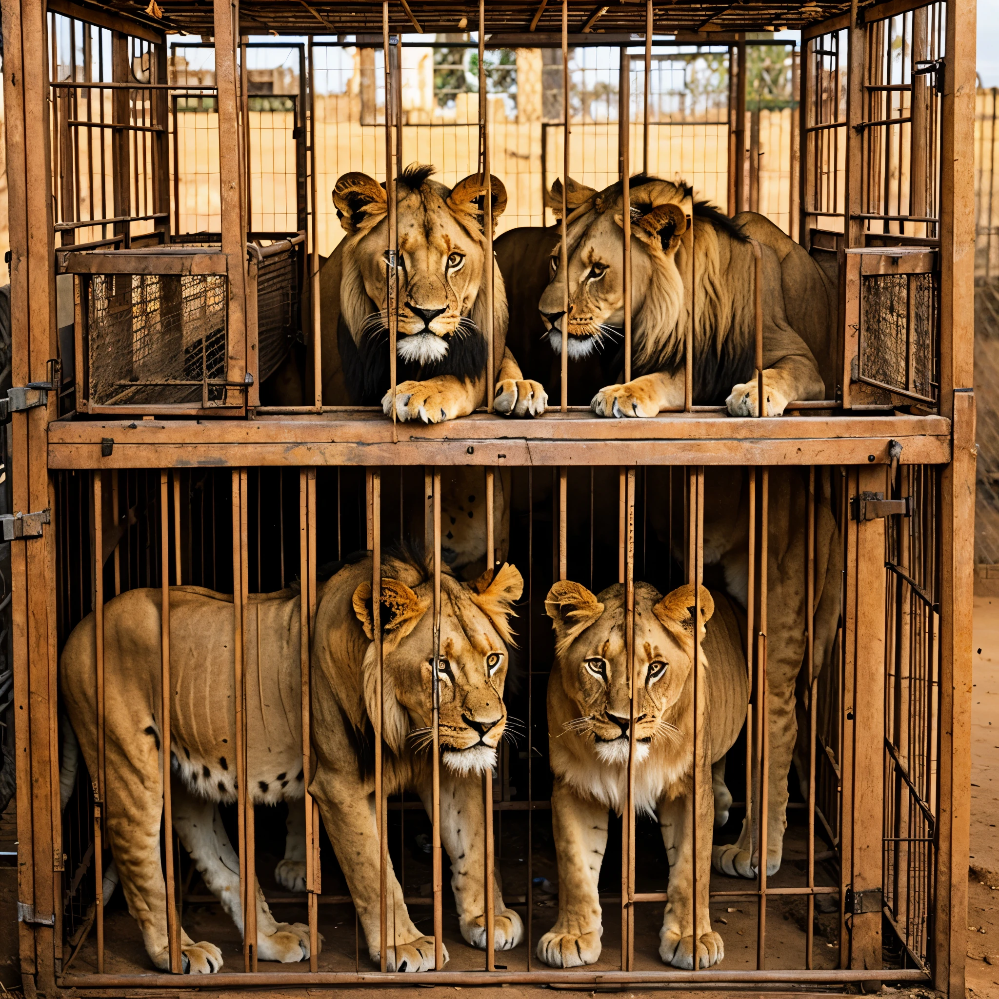 Several lions in a cage with one sitting on the other - SeaArt AI