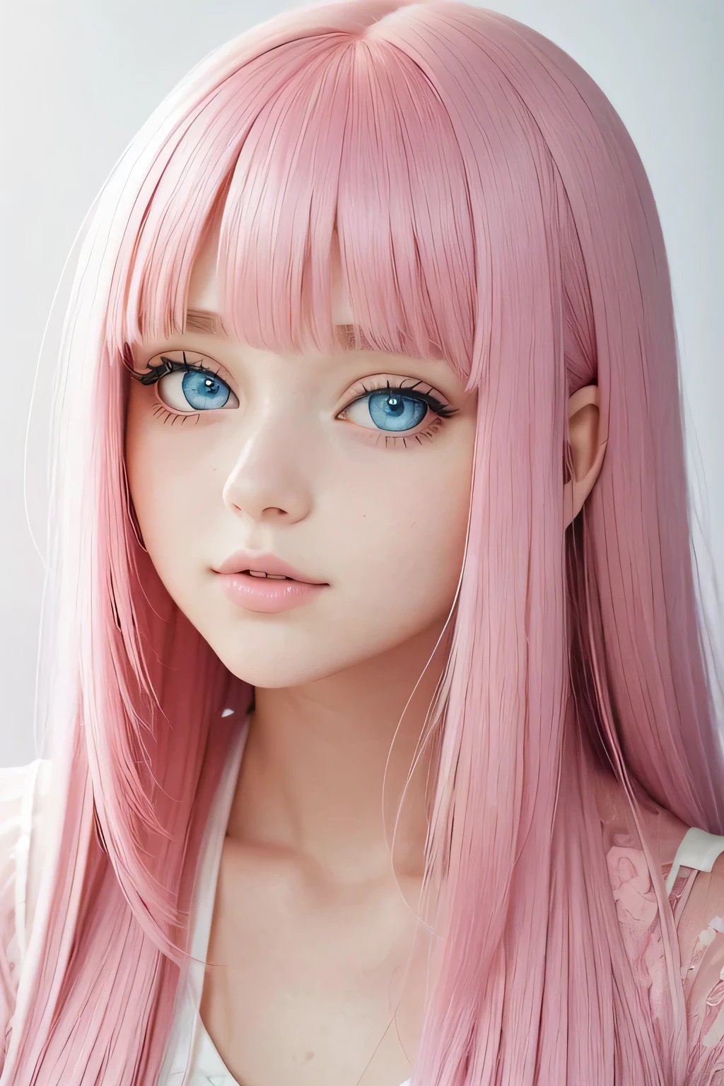 A close up of a doll with pink hair and blue eyes - SeaArt AI