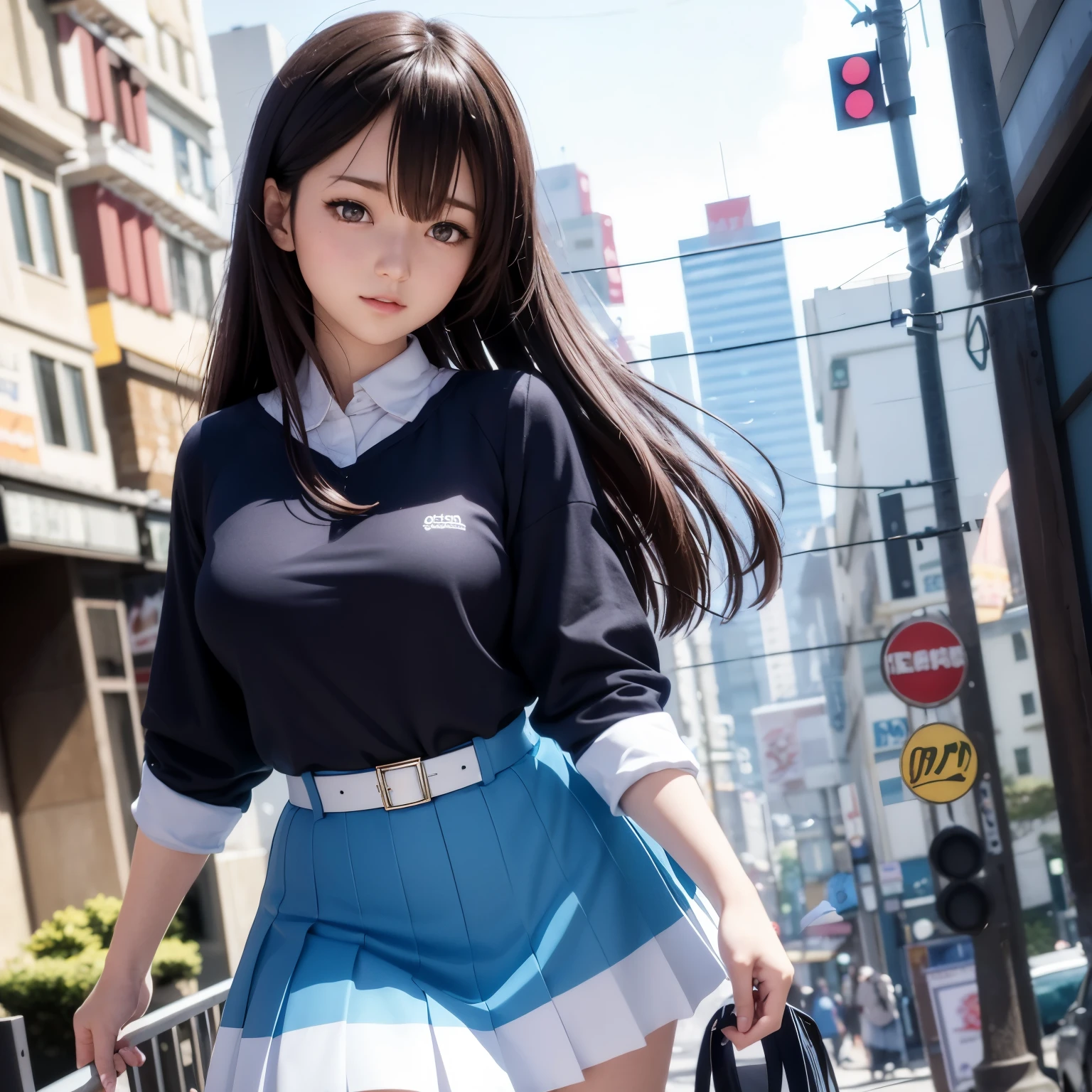 Arafed image of a woman in a skirt and shirt walking down a street - SeaArt AI