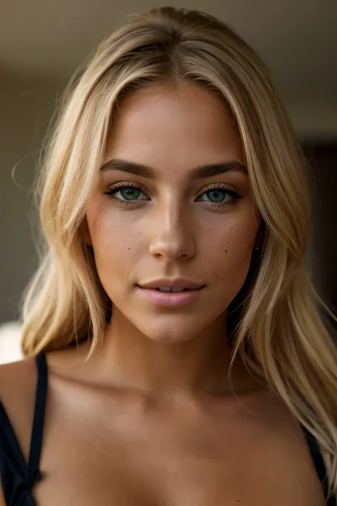 a beautiful bblonde woman, Smiling, sitting in bed freckles, straight ...