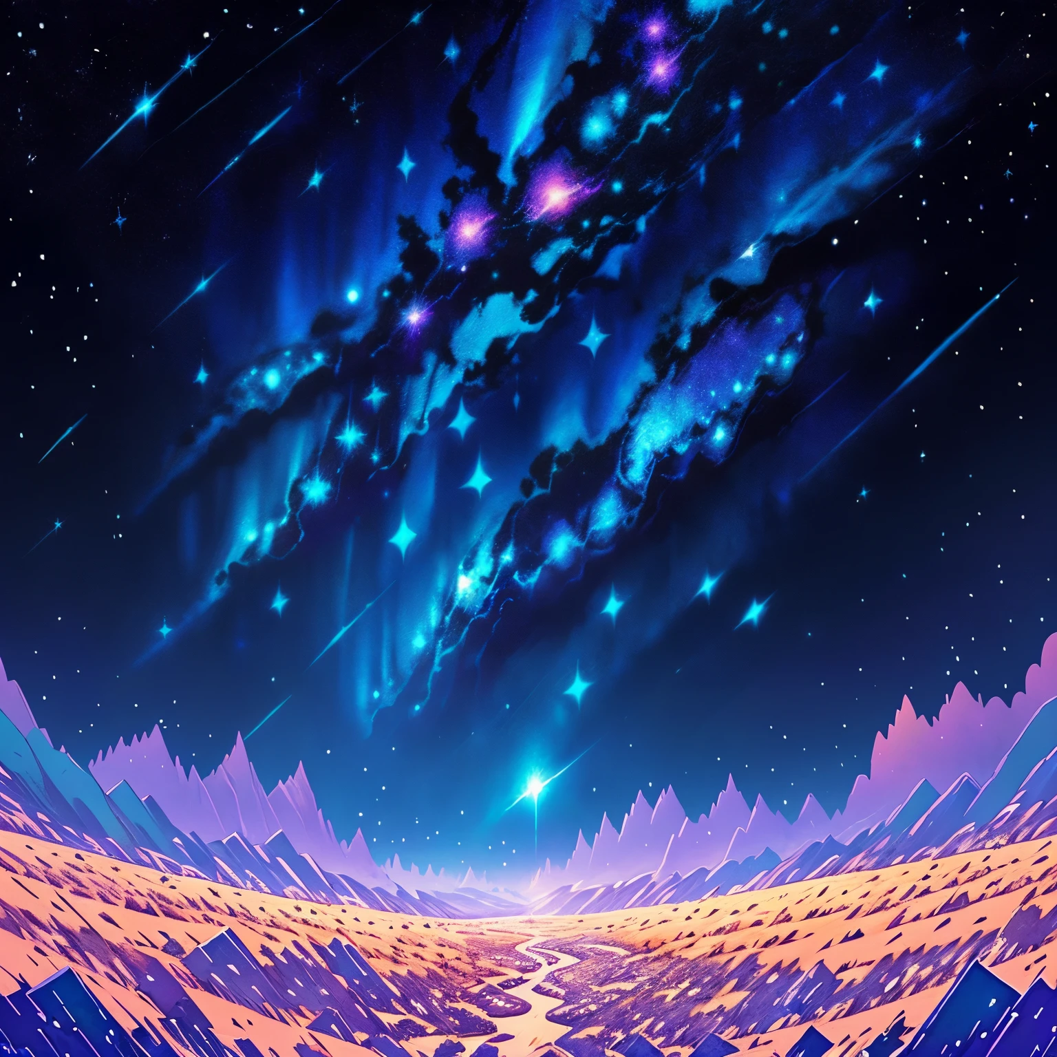 A painting of a mountain landscape with stars and a sky - SeaArt AI