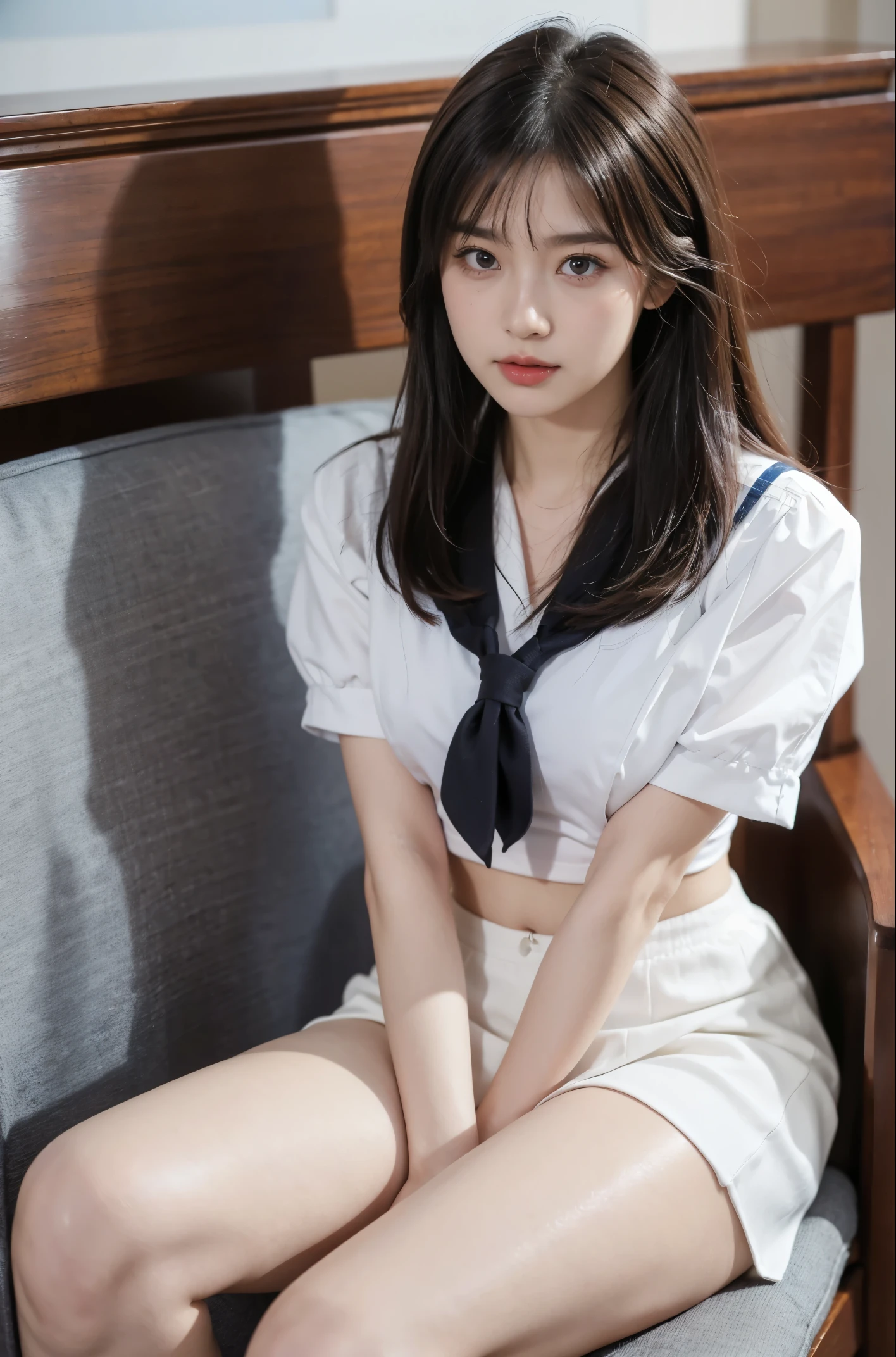 Araffe asian woman in a white shirt and tie sitting on a chair - SeaArt AI