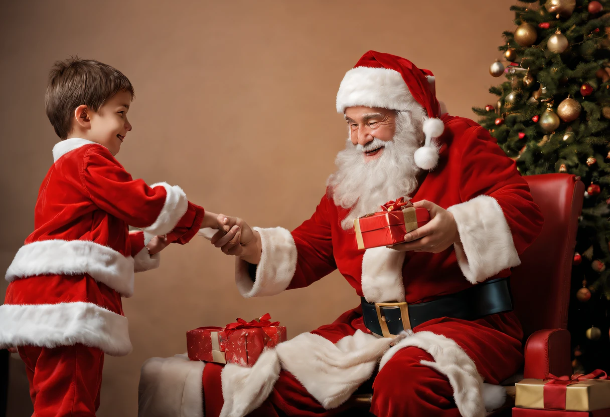 Santa claus giving a boy a present in front of a christmas tree - SeaArt AI