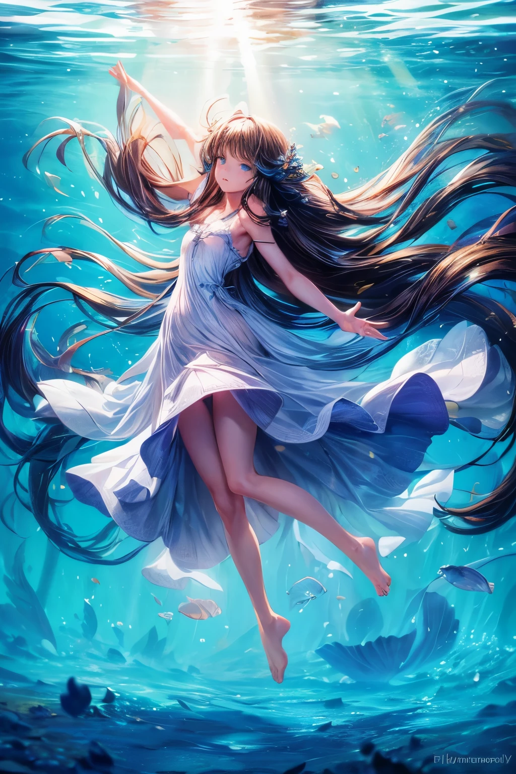A girl floating in the ocean with long hair - SeaArt AI
