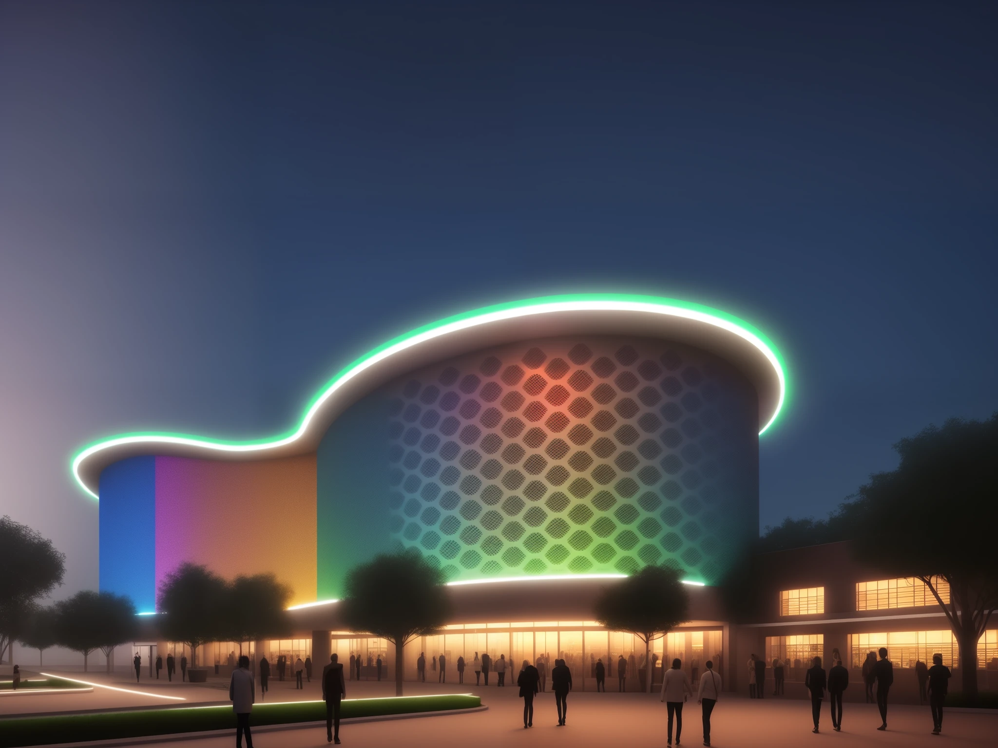 Rendering of a large building with a rainbow colored facade - SeaArt AI