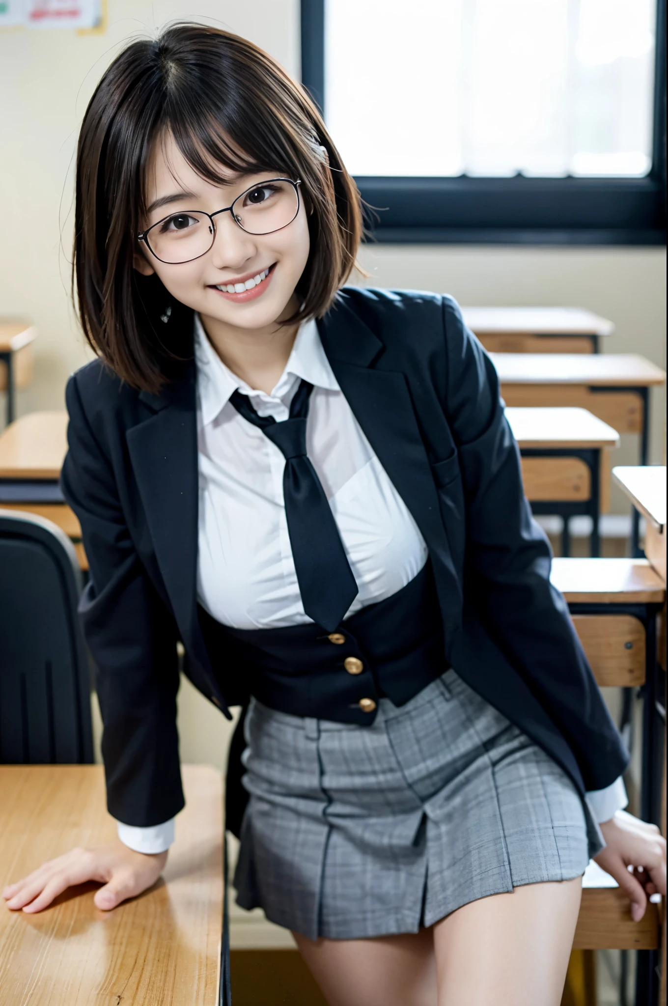 8k、最高の画質、傑作、夏、日本の女子高生が教室で友達と会う。彼女は微笑んだ、黒縁四角メガネ、ブレザー、ミニスカート、低い人、ショートボブ