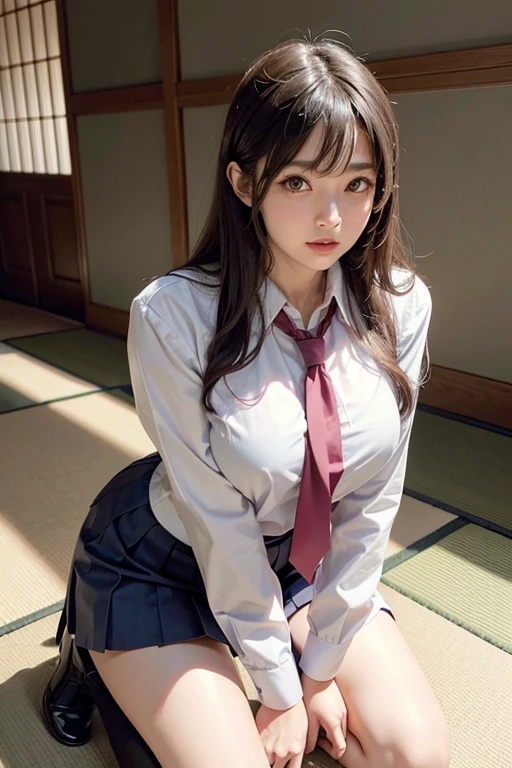 Araffe asian woman in a short skirt and shirt sitting on the floor - SeaArt AI