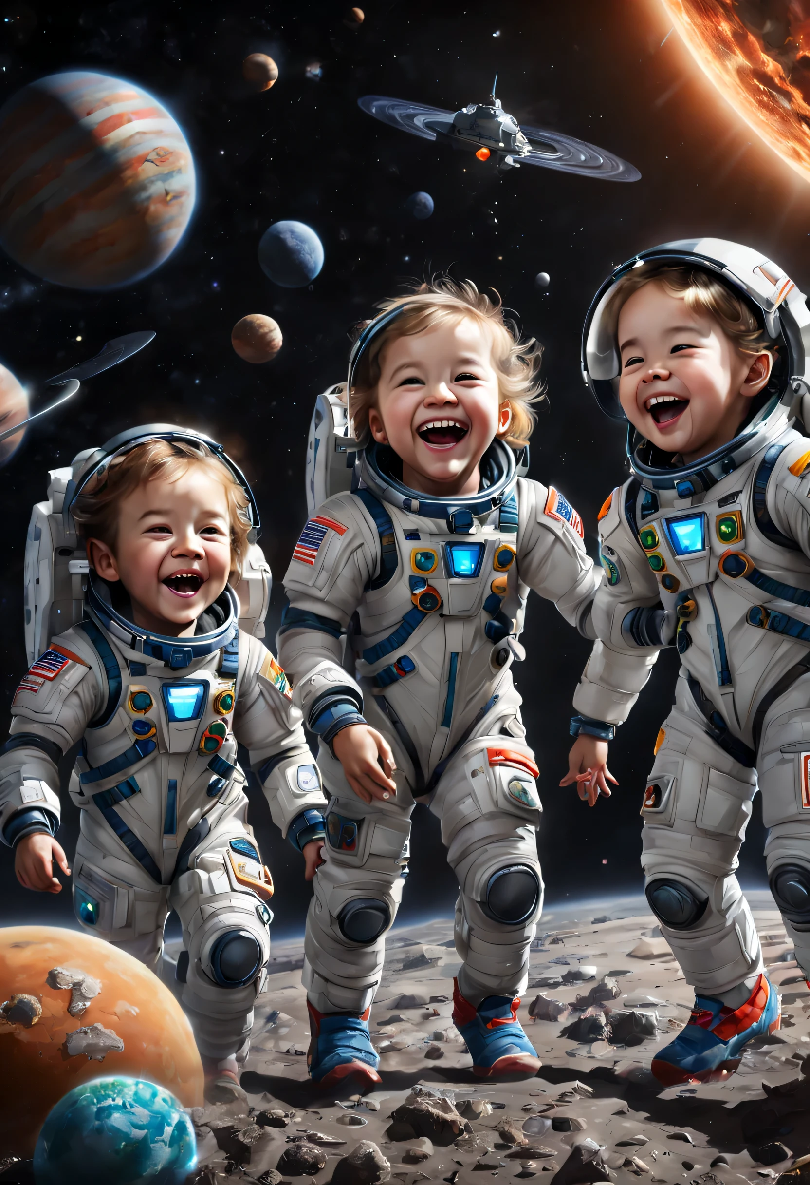 Three children in space suits are laughing and standing in front of a ...