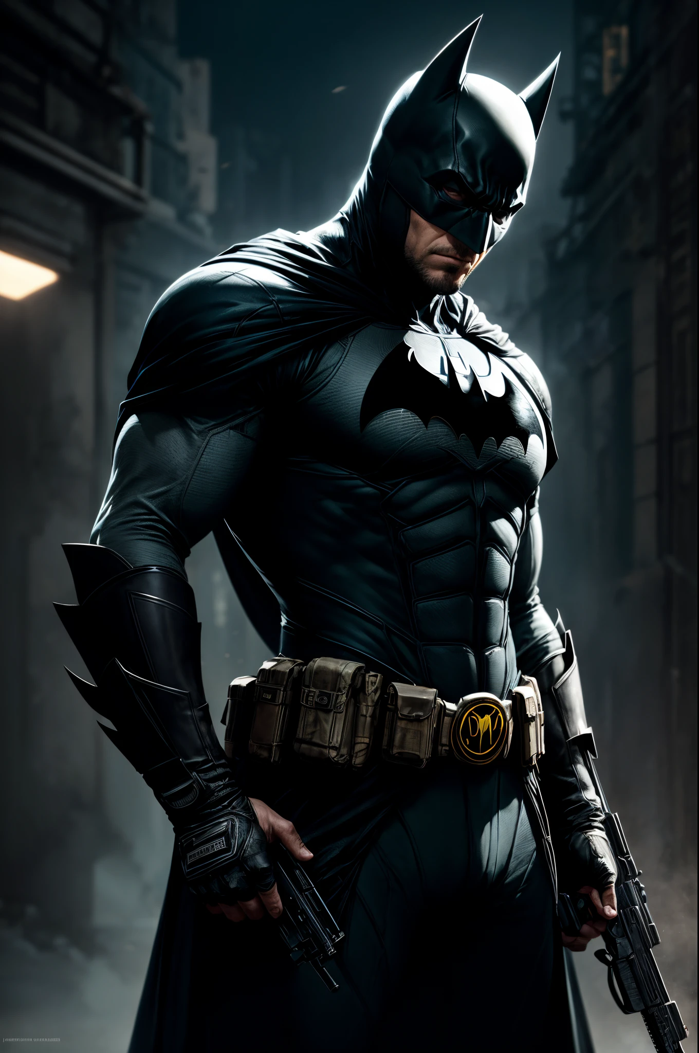 Batman in a black suit with a gun standing in a dark alley - SeaArt AI