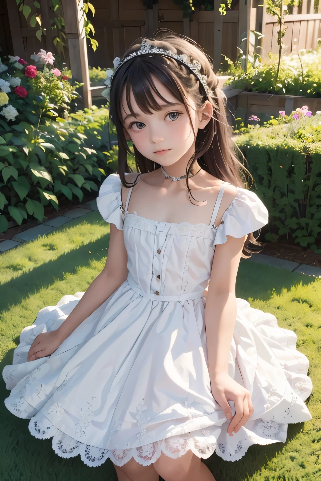 robe blanche,10 year old beautiful girl,garden - SeaArt AI