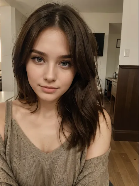 A 25-year-old woman, her brunette hair, her charming look, she is in different positions, photo ...