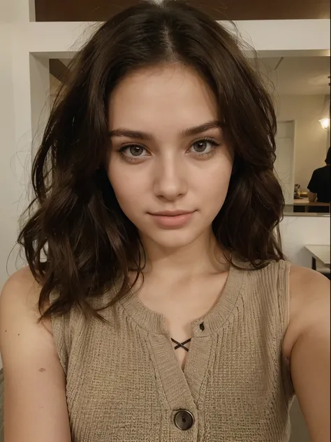 A 25-year-old woman with brunette hair, charming looks, is in different positions, photo taken ...