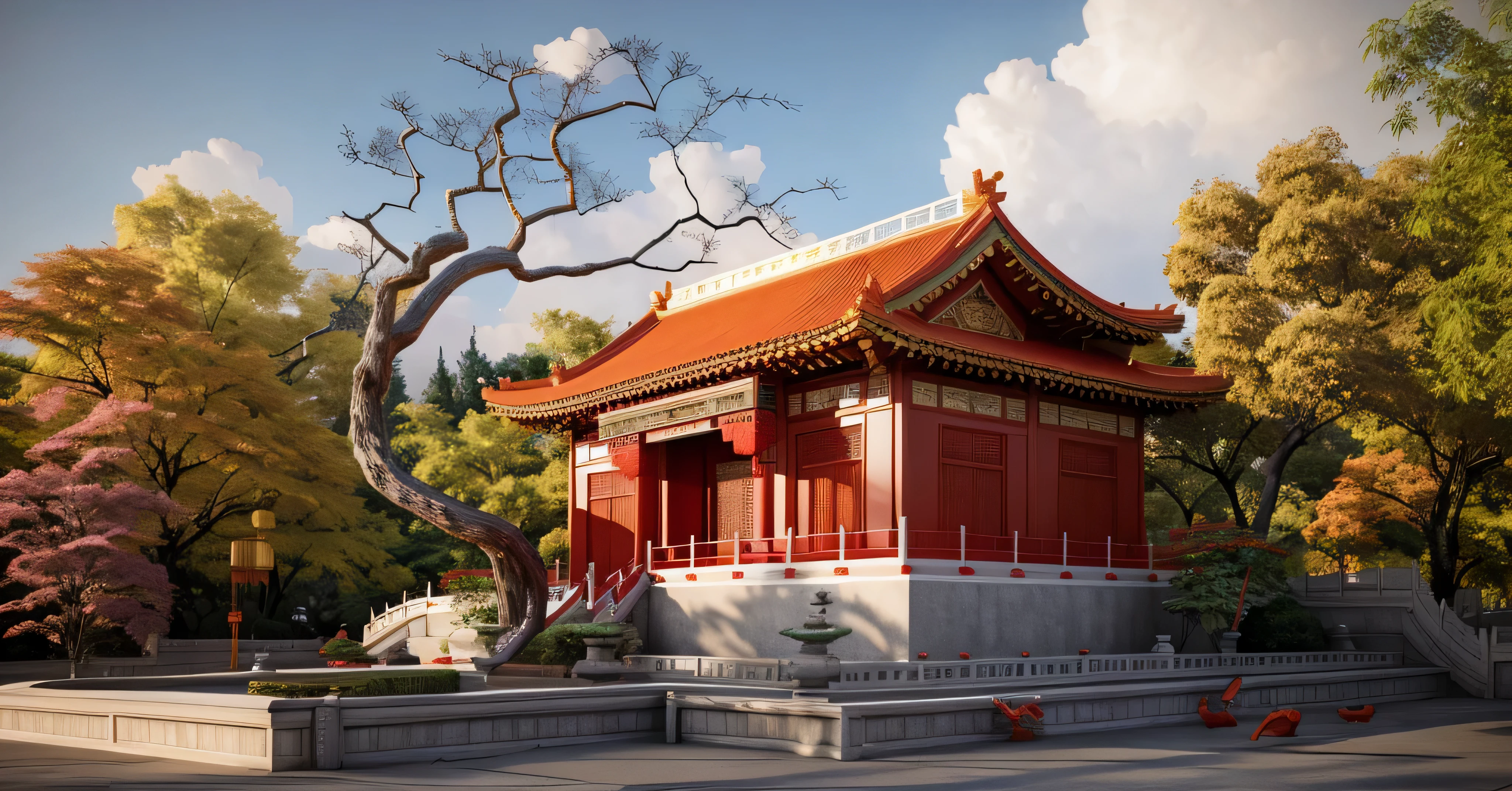 There is a small building with a red roof in a park - SeaArt AI