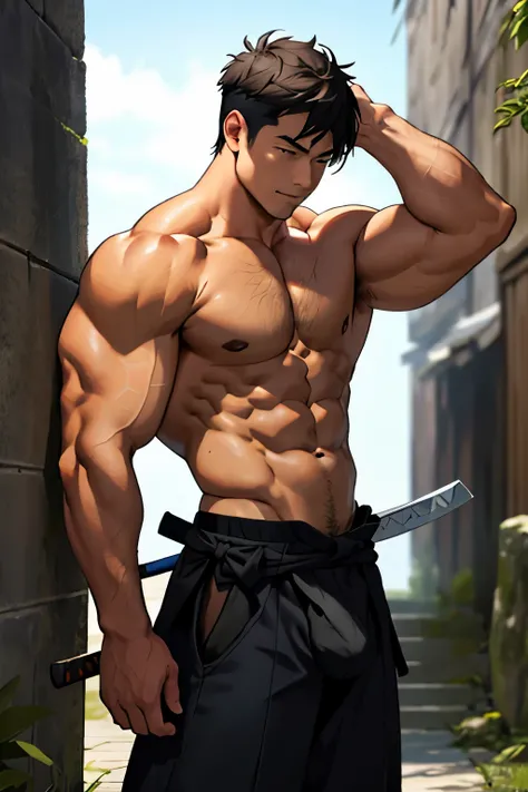 Hunk samurai, Topless, muscle flex, delicate muscle lines, abs - SeaArt AI
