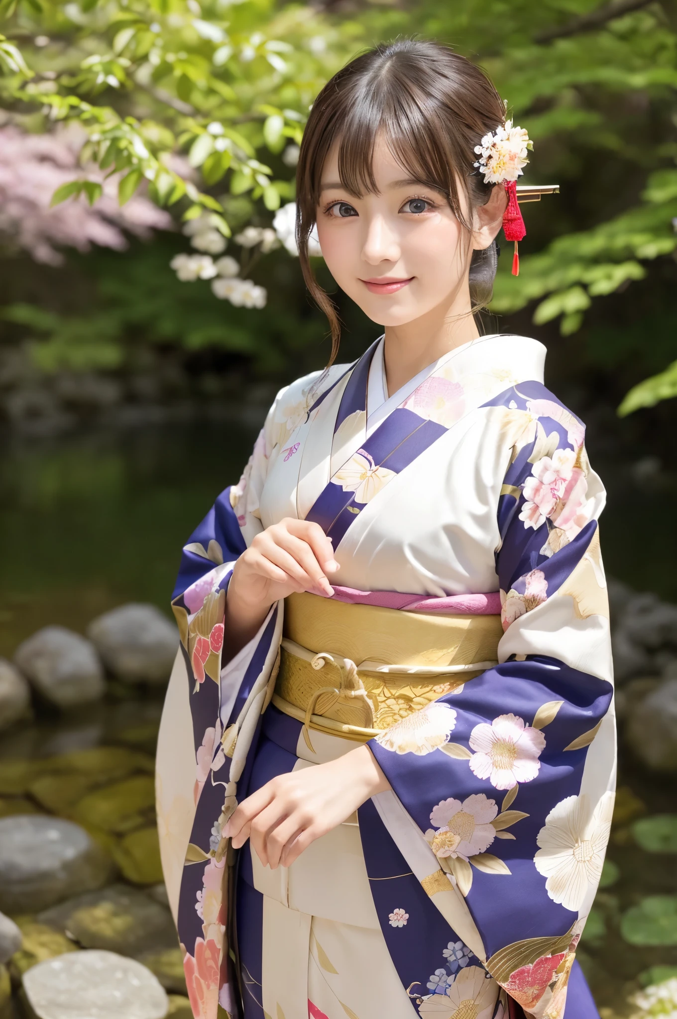 Araffe in a kimono standing in front of a stream - SeaArt AI