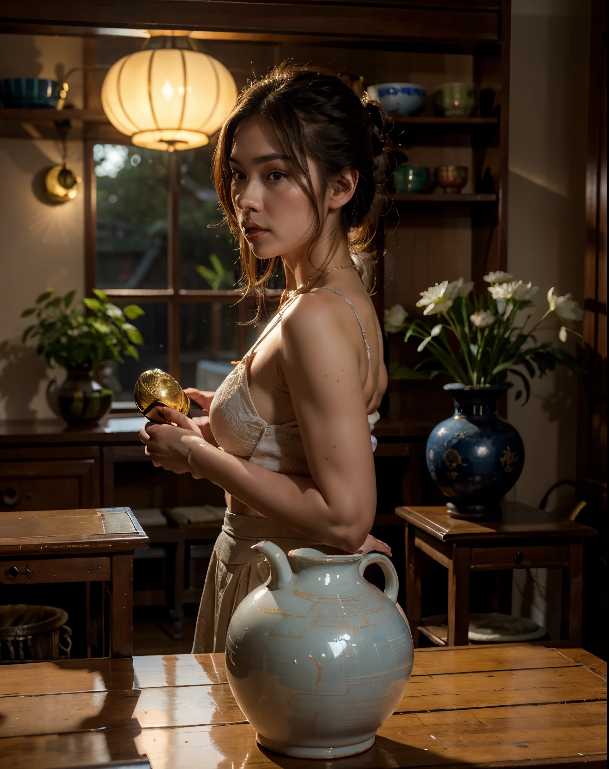 a lovely woman stands in profile, she stands in front of Yunluo (Yun Luo )"Cloud Gong", she ...