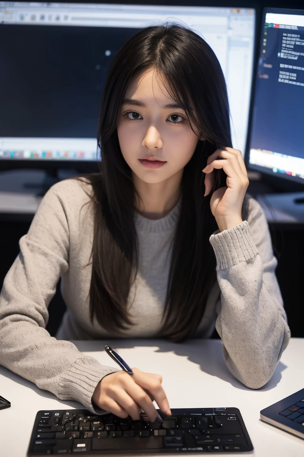 Arafed woman sitting at a desk with a keyboard and a cell phone - SeaArt AI