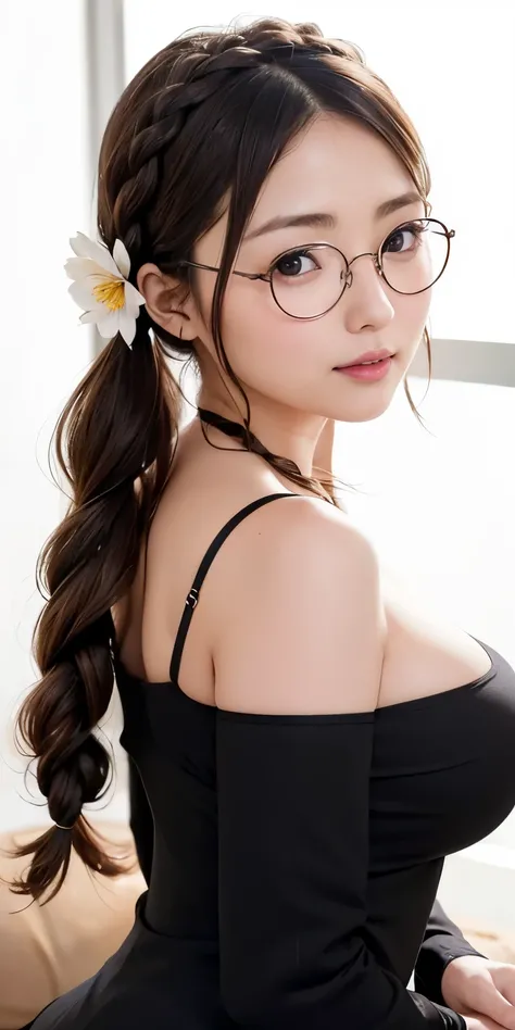 最高の画質、136), (ブレスト:1.46), (l おっぱい ipst おっぱい ,丸い艶をかけられた三つ編み、丸顔で、丸いガラスのおさげを持つ面白い女性、30歳、ぽっちゃり系、丸顔での ...