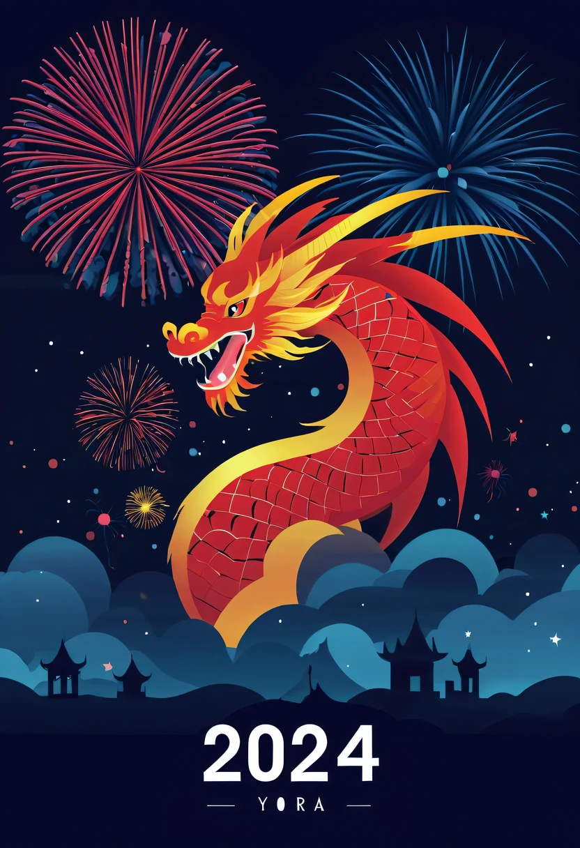 A red dragon with fireworks in the background and a city skyline ...