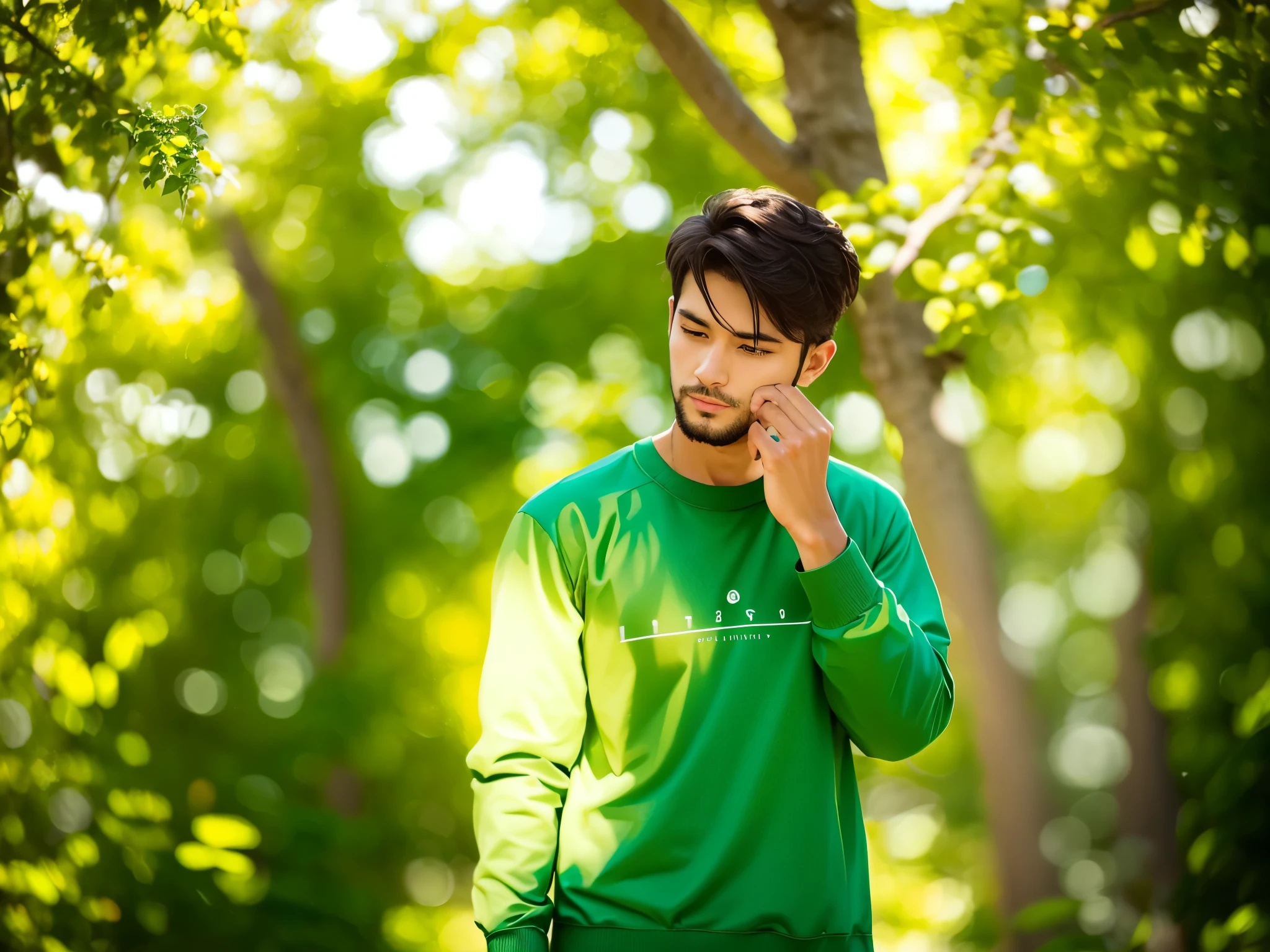Arafed man in green shirt standing in a forest with trees - SeaArt AI