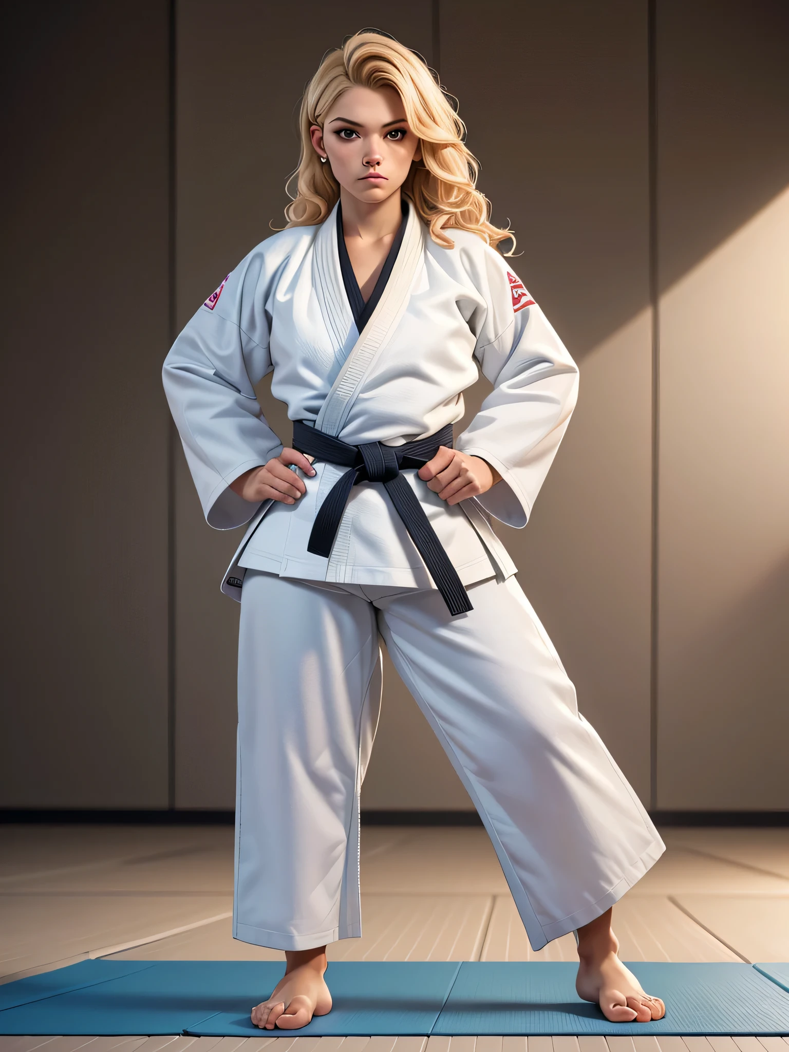 Arafed woman in a white kimono standing on a blue mat - SeaArt AI