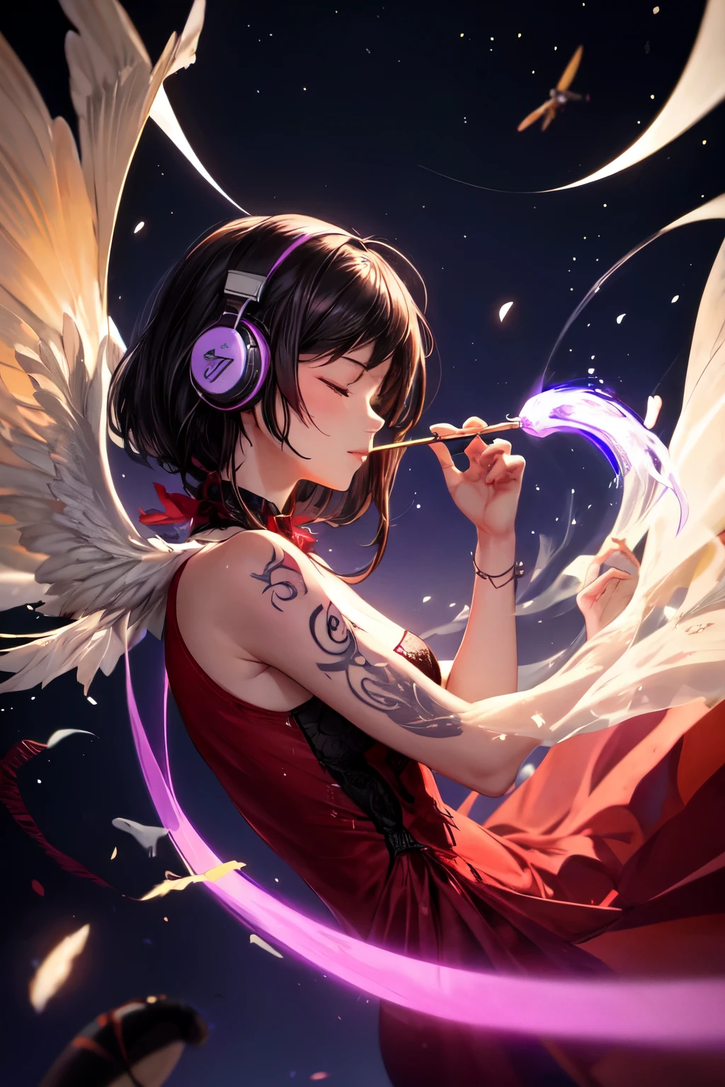 A woman with headphones and wings is holding a purple light - SeaArt AI