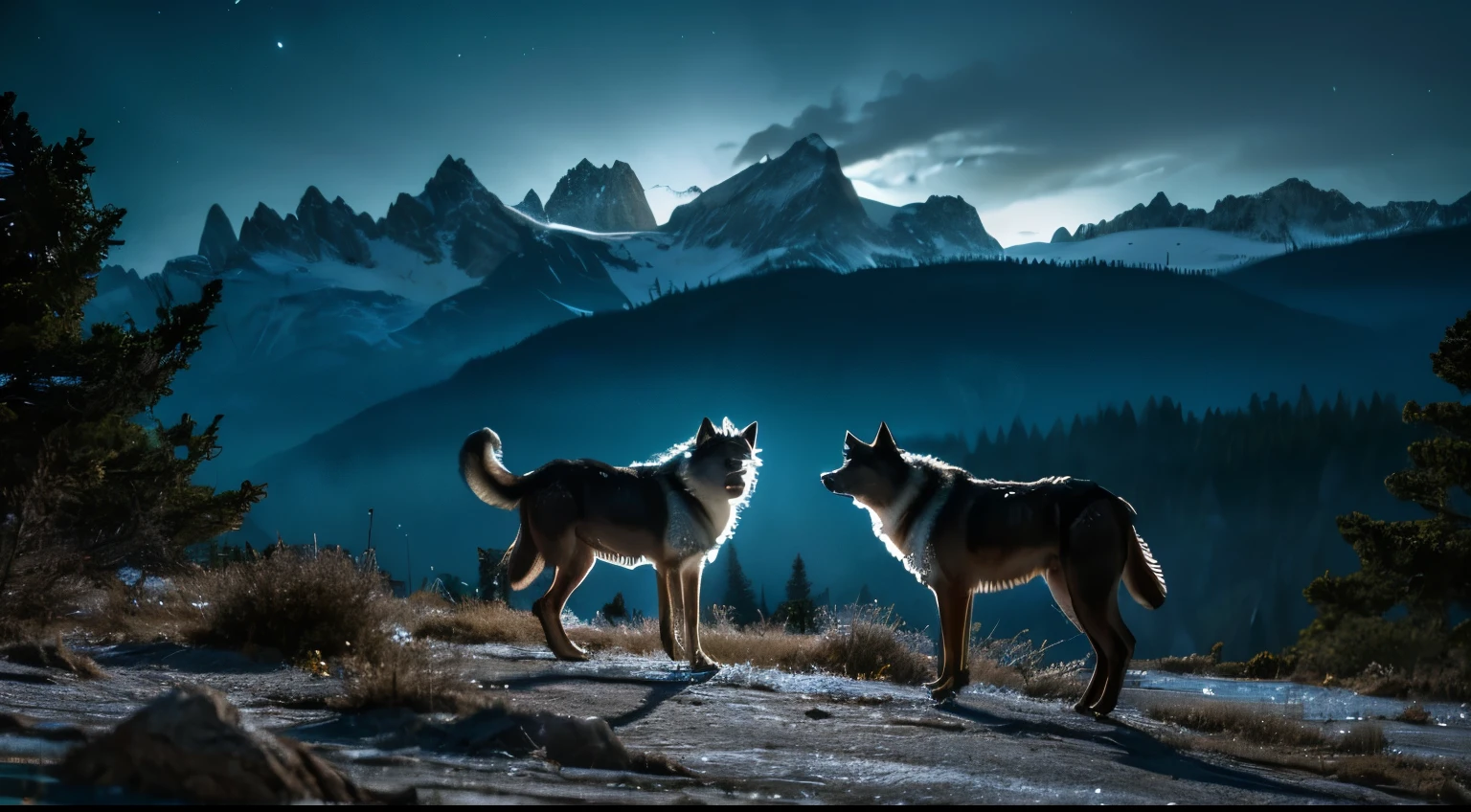 Two wolfs standing on a mountain top at night with a full moon - SeaArt AI