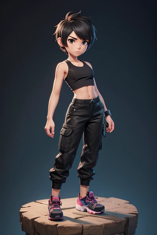 2d female character with short hair and tank top and black mesh pants ...