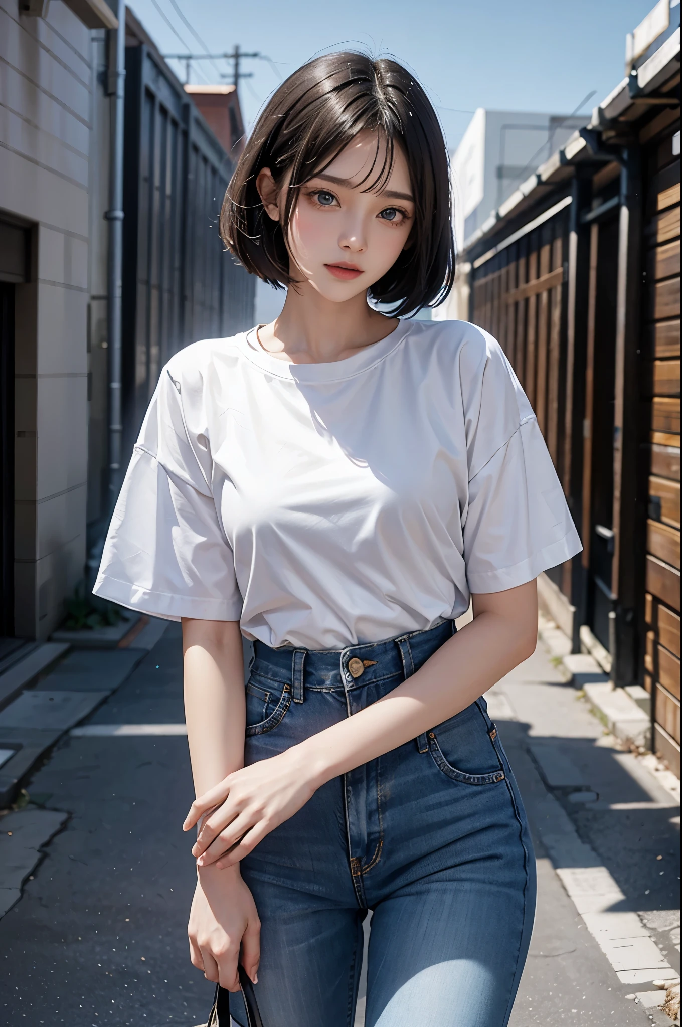 A close up of a woman in a white shirt and jeans - SeaArt AI