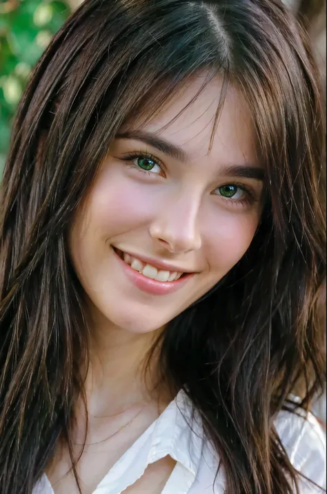 Beautiful Brunette Smiling Green Eyes Long Hair Front Face Seaart Ai