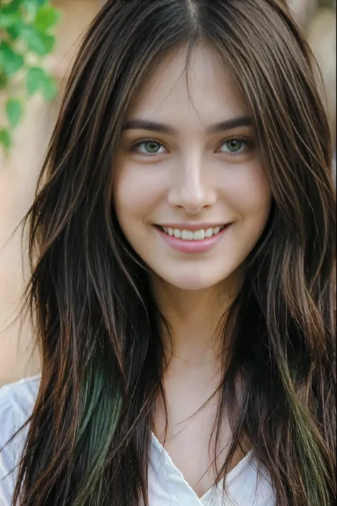 Beautiful Brunette Smiling Green Eyes Long Hair Front Face Seaart Ai