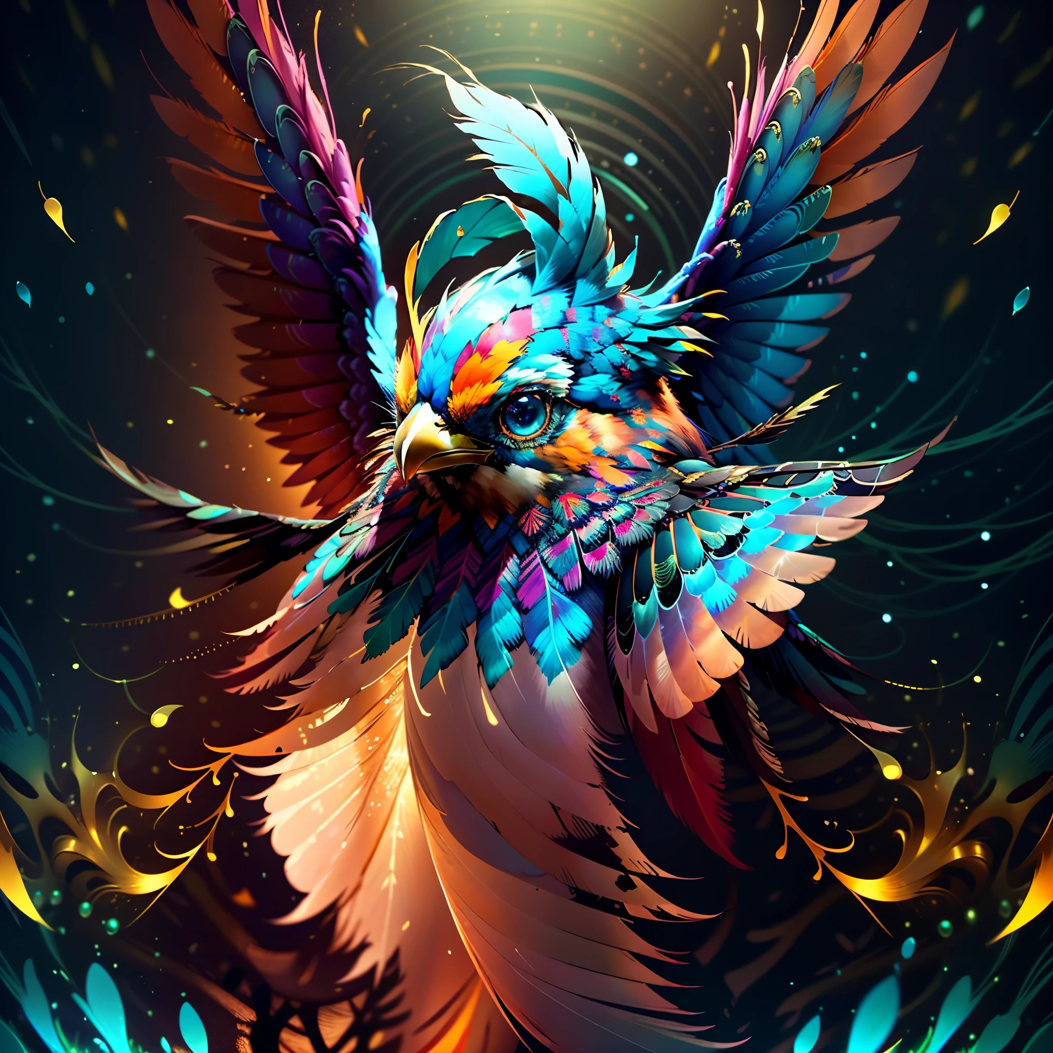A colorful bird with wings spread out in the air - SeaArt AI