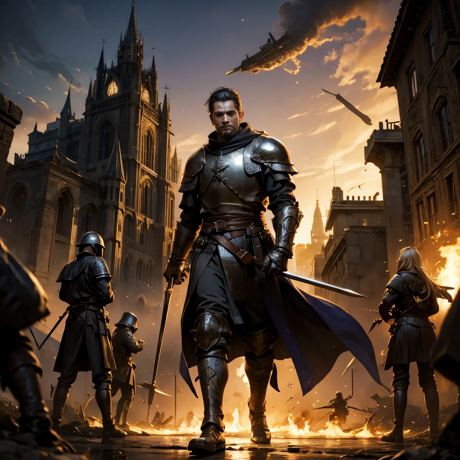 A group of men in armor walking down a street - SeaArt AI