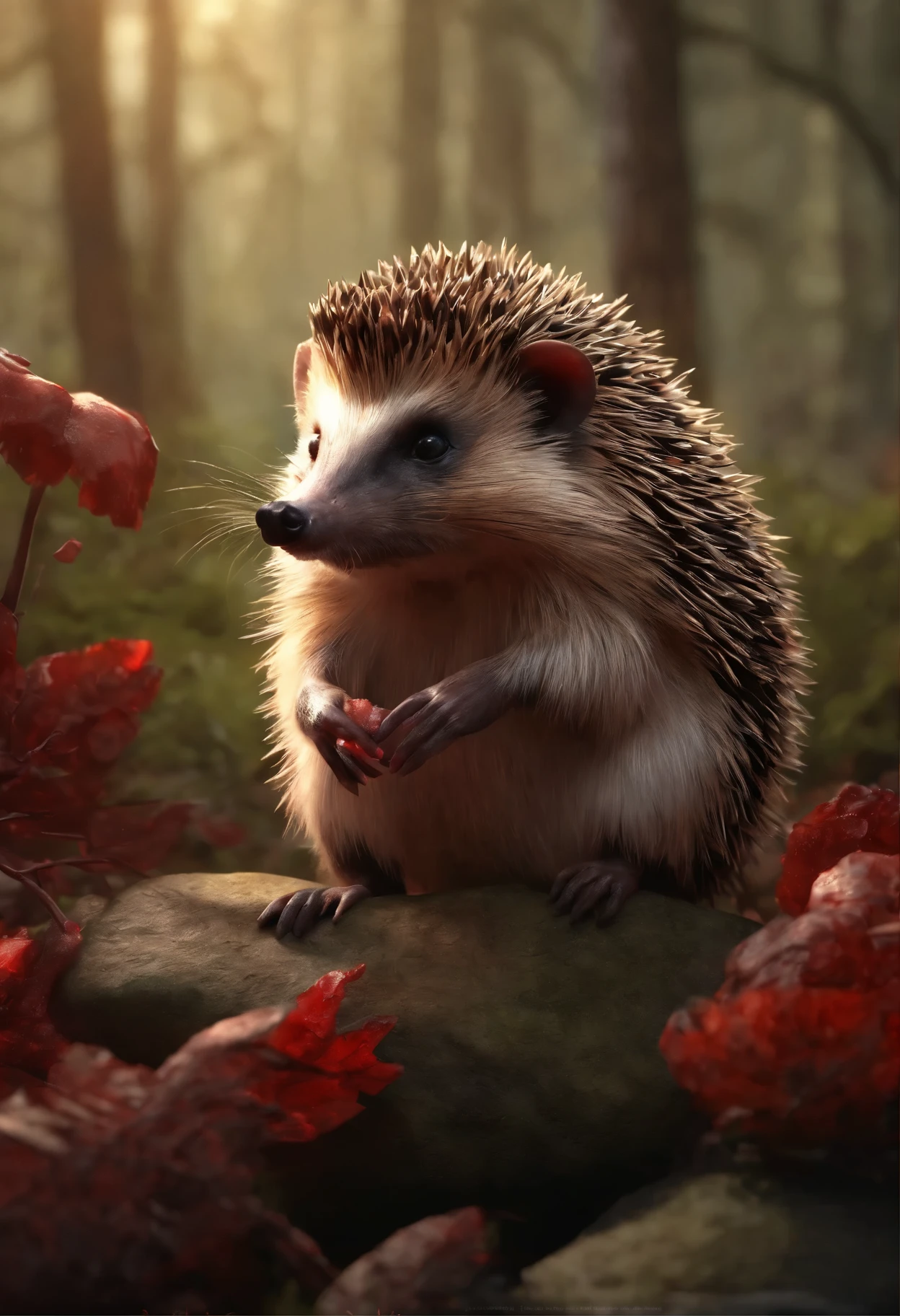 Hedge sitting on a rock in a forest with red leaves - SeaArt AI