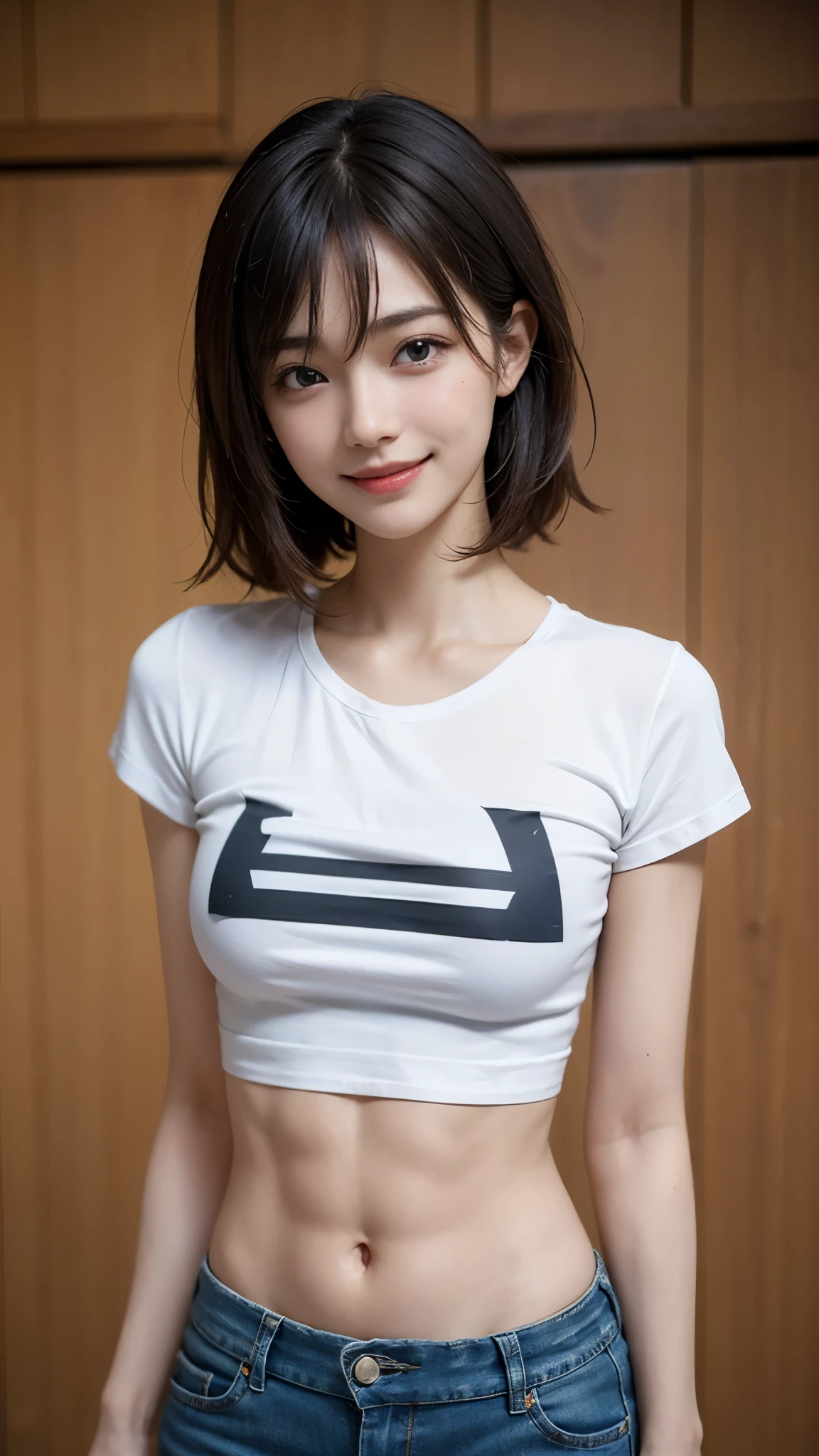 白いシャツとジーンズを着た女性が写真のポーズをとっている Seaart Ai