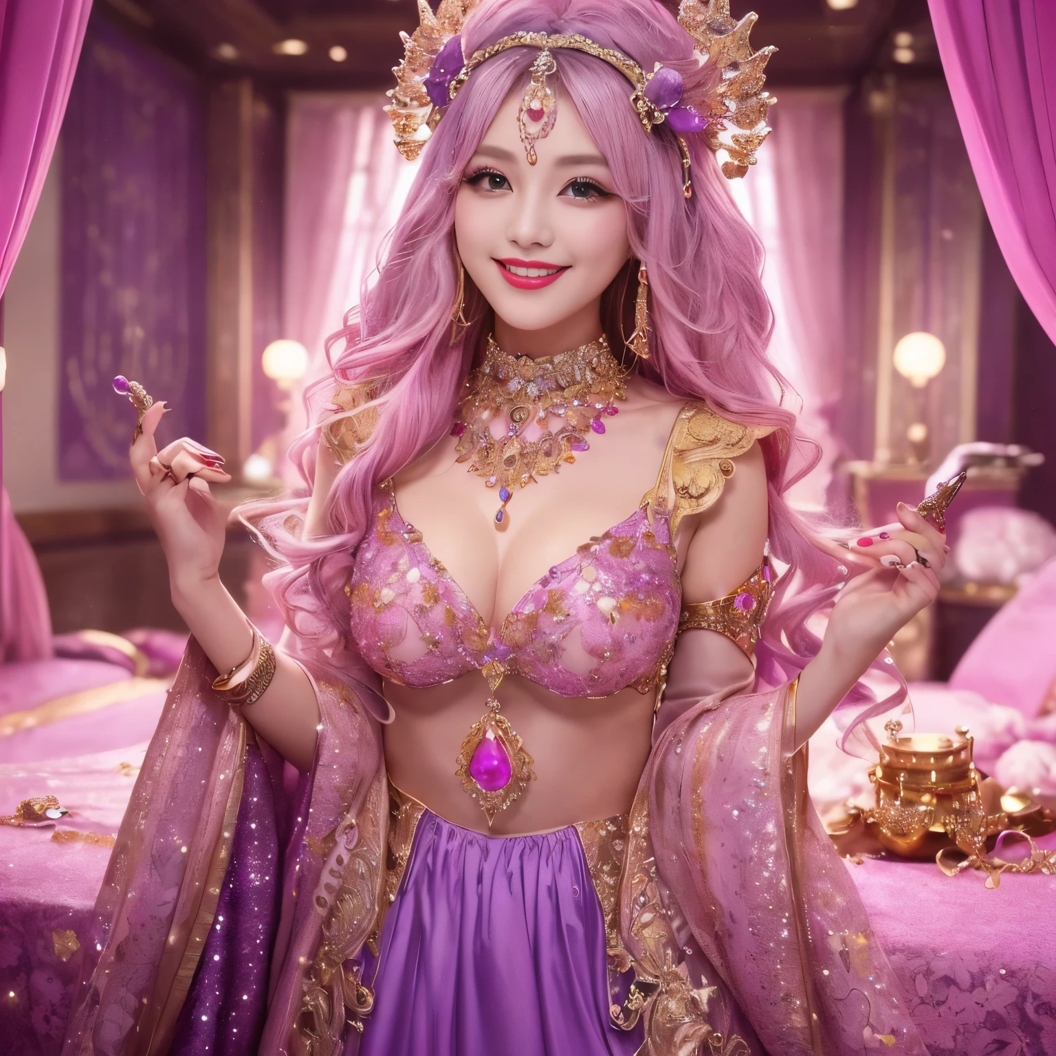 紫色のドレスと王冠を身に着けた女性が寝室に立っている Seaart Ai