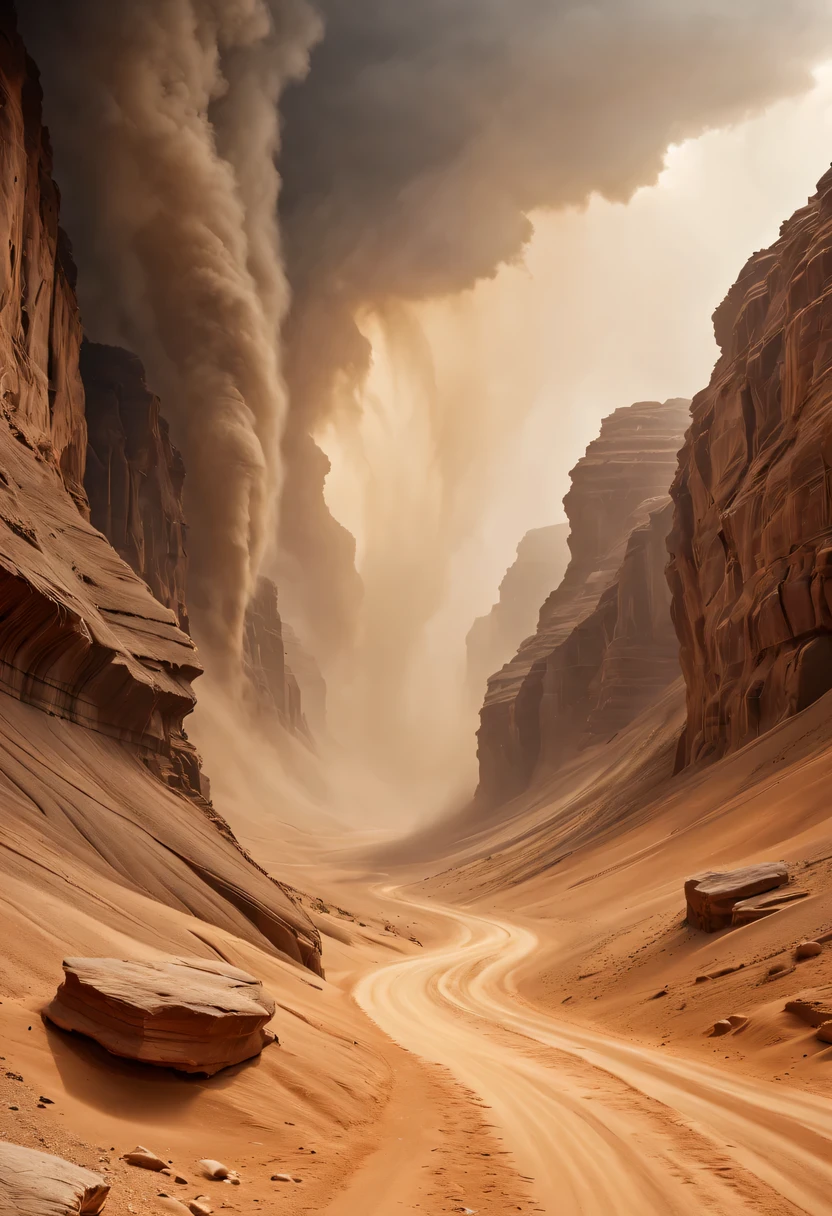 Arafed desert scene with a dirt road and a large plume of smoke - SeaArt AI
