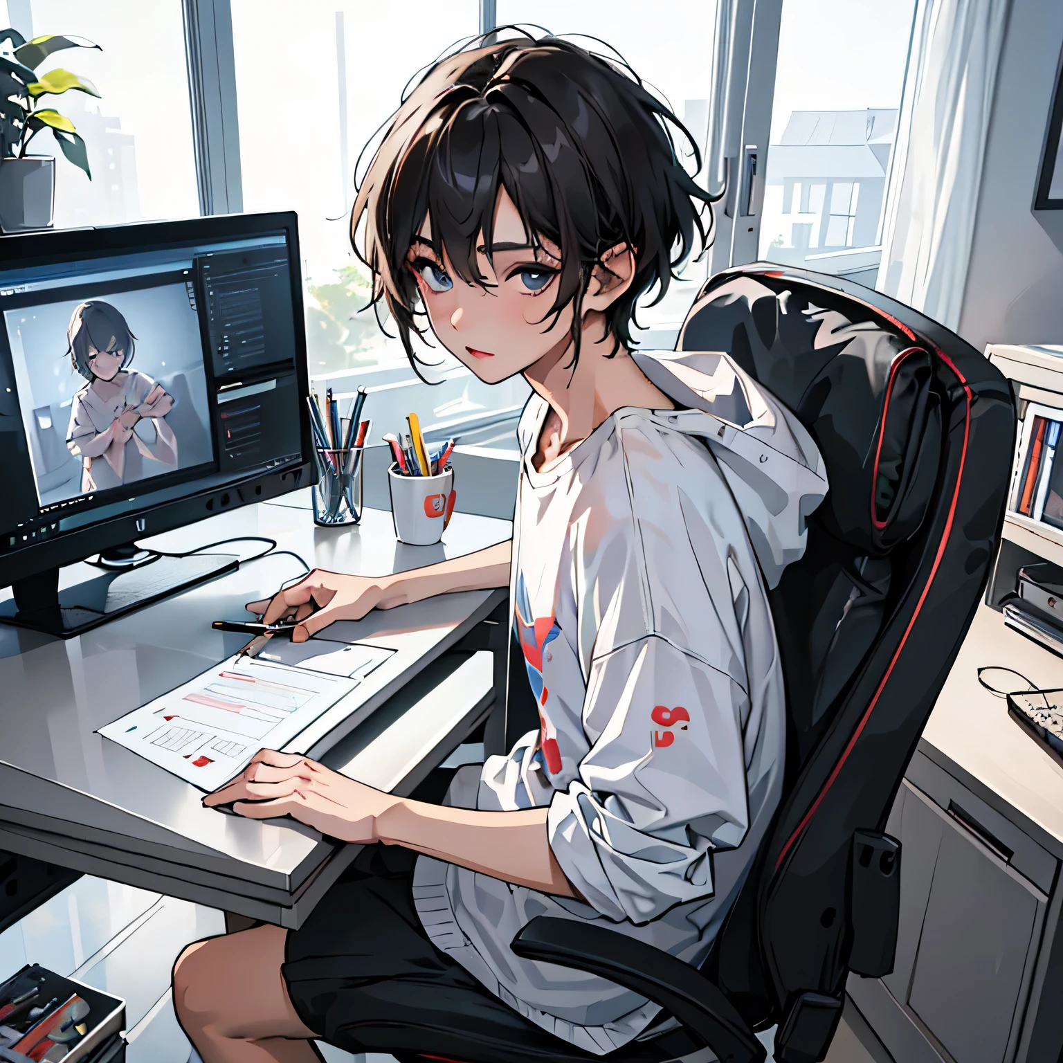 Anime boy sitting at a desk with a computer and a monitor - SeaArt AI