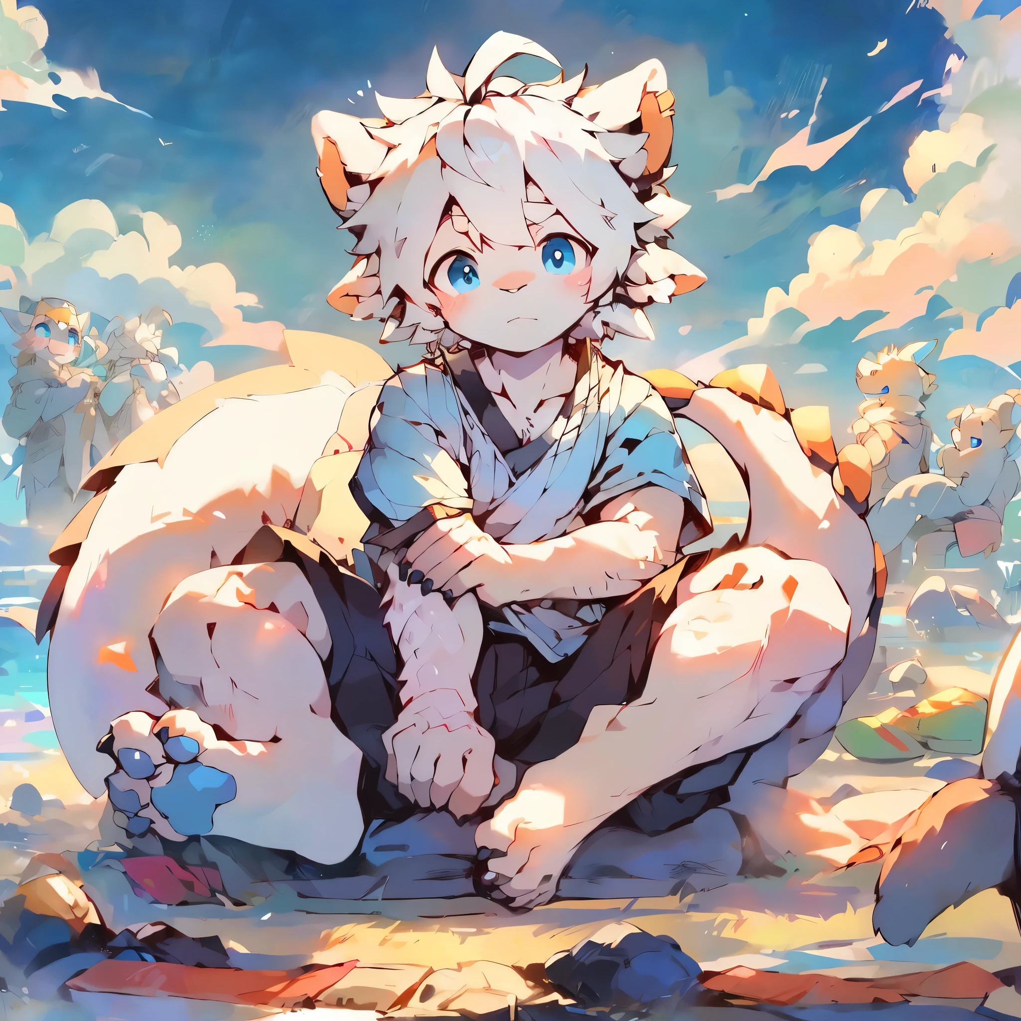 Anime boy sitting on the ground with a stuffed animal - SeaArt AI