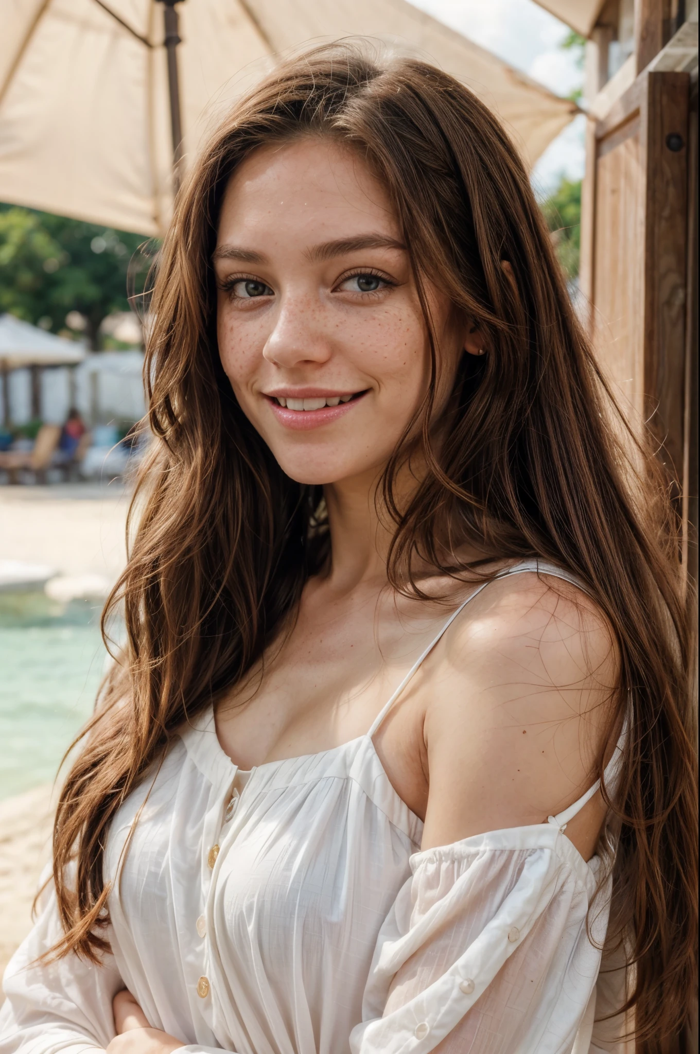 A close up of a woman with long hair standing near a pool - SeaArt AI