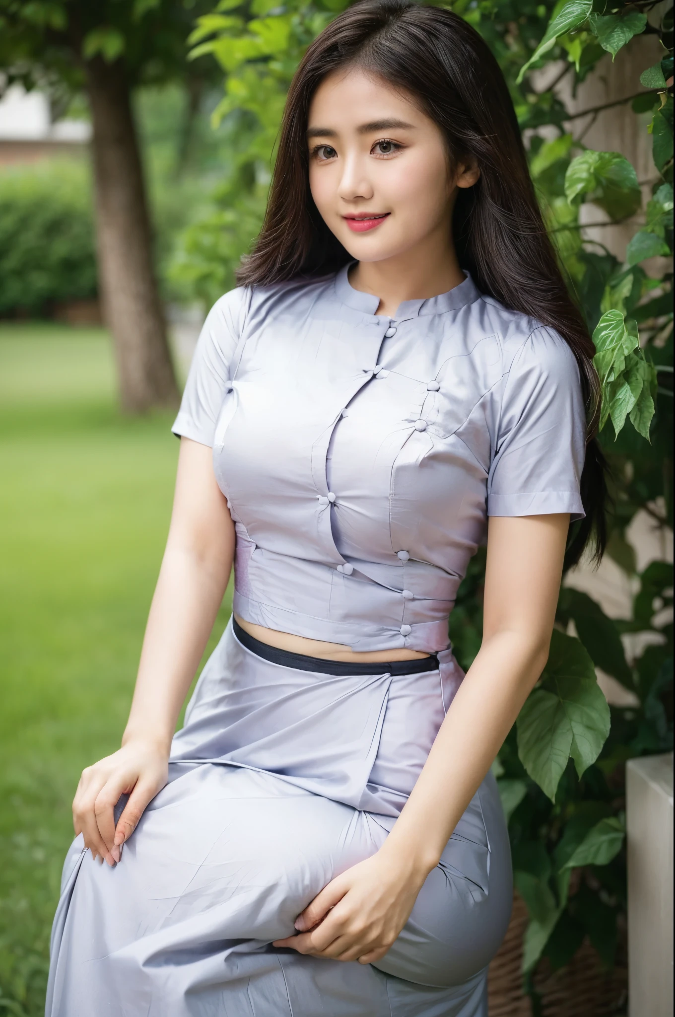 A close up of a woman sitting on a bench in a park - SeaArt AI