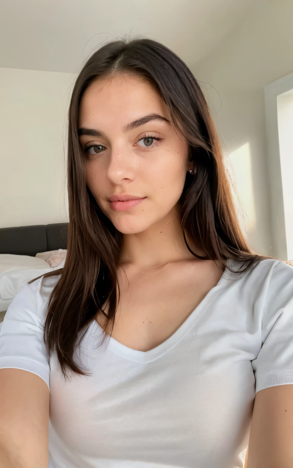 Photo of a 20 year old brunette woman, that has a very natural face, thin lips, thin eyes, thin ...