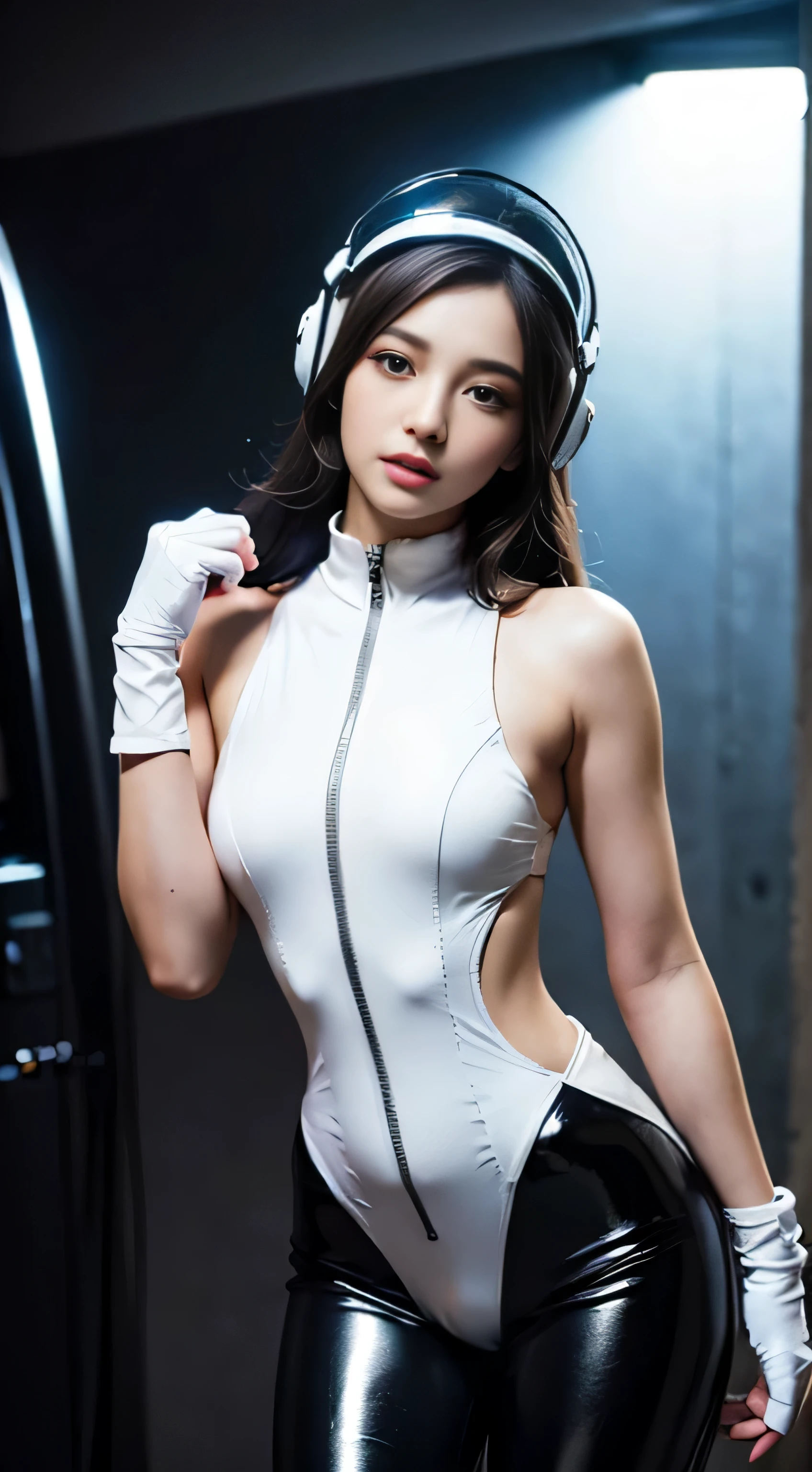 1 brunette beauty, (white) (one-piece tight latex suit), (spacesuit) ((spacehelmet))((white ...