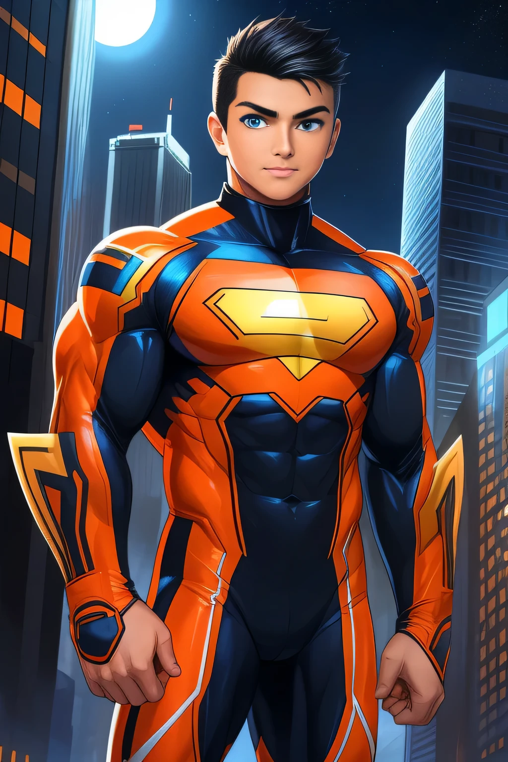 A man in a superman suit standing in front of a city - SeaArt AI
